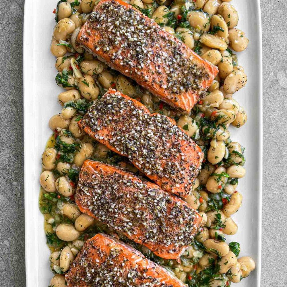Za’atar Salmon with Herby Butter Beans - Zena's Kitchen