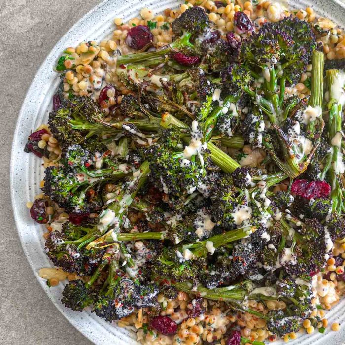 Roasted Purple Sprouting Broccoli with Jewelled Giant Couscous