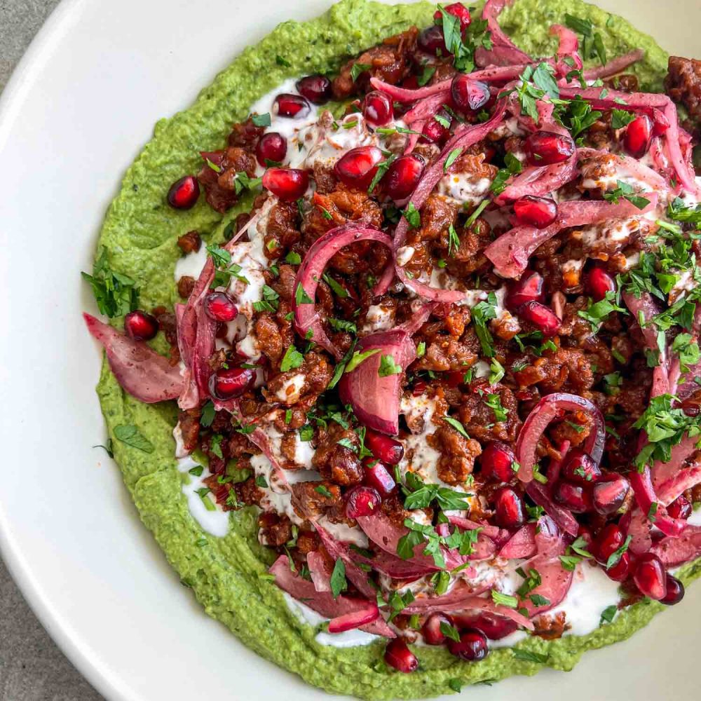 Wild Garlic Hummus with Sticky Harissa Beef