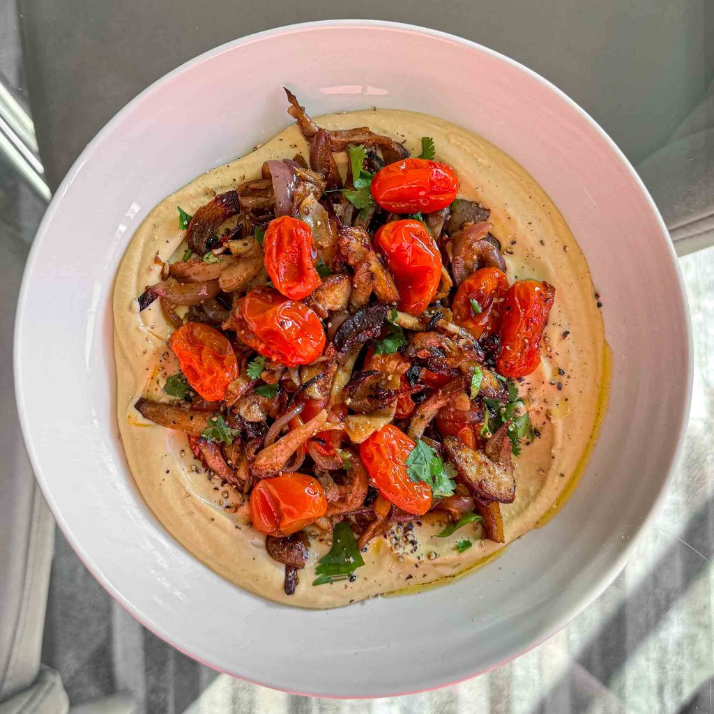 Loaded Hummus with Roasted Tomatoes and Mushrooms