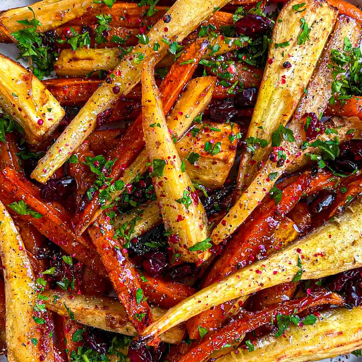 Roasted Carrots and Parsnips with Cranberry and Orange Glaze