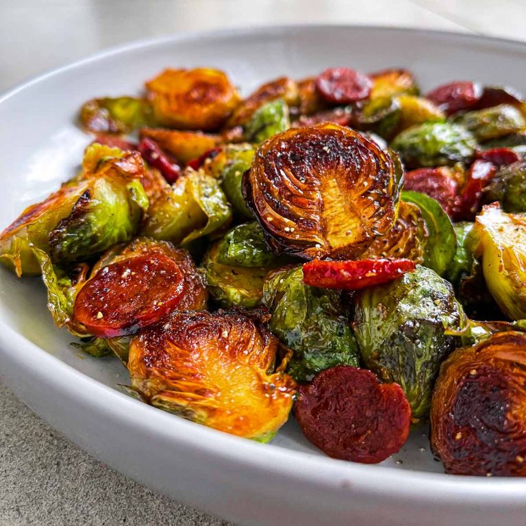 Sticky Chorizo Brussels Sprouts - Zena's Kitchen
